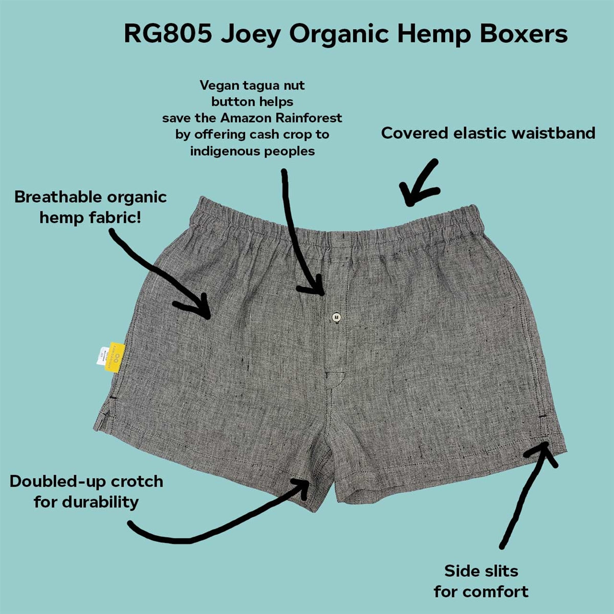 100% Organic Hemp Boxers Shorts (Plastic-Free Nut Button – Rawganique